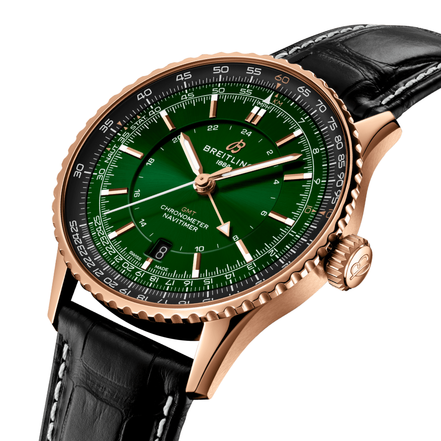 Breitling Navitimer Automatic GMT 41 18K Red Gold Green Leather | AMJ ...